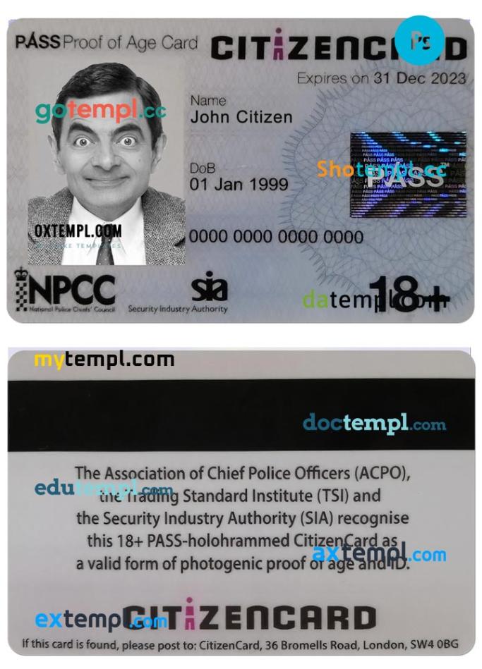 United Kingdom Pass CitizenCard proof Of Age Card Fake Template In