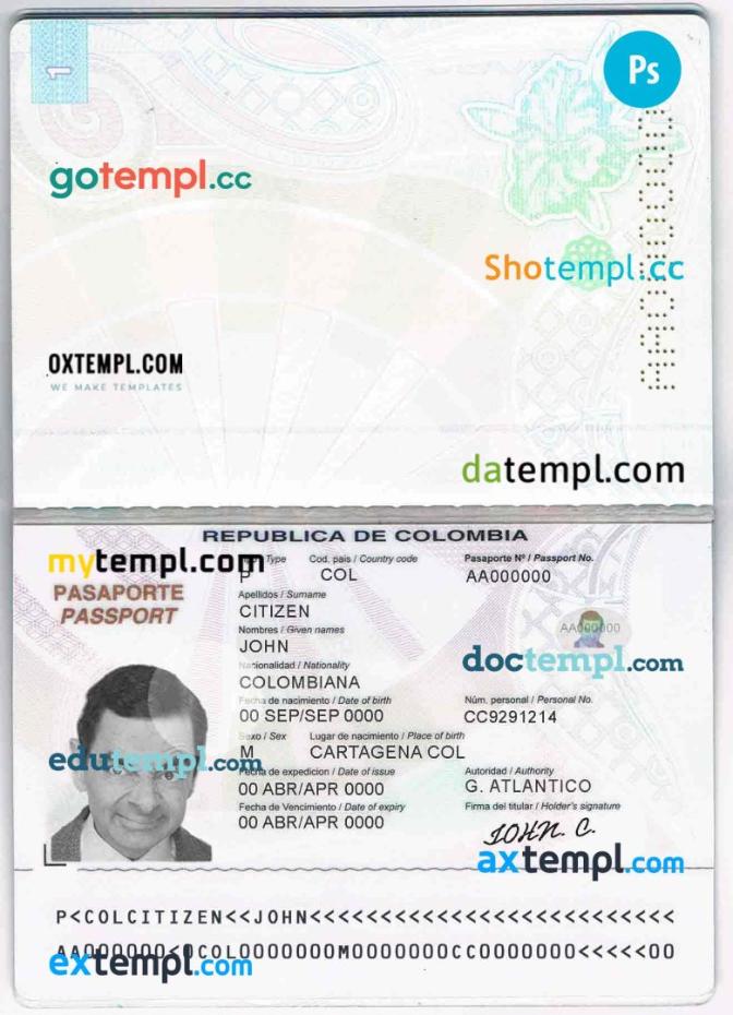 Colombia passport editable PSD files, scan and photo look templates ...