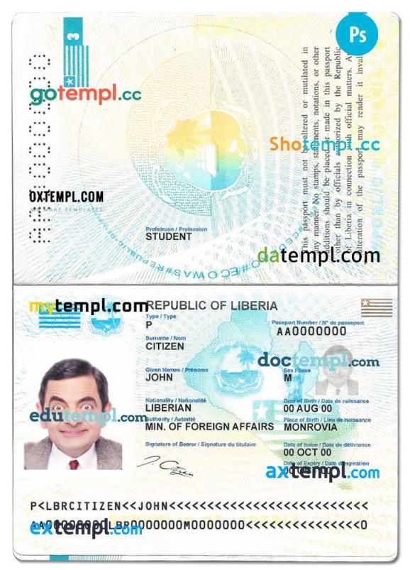 Liberia passport psd files, editable scan and snapshot sample, 2 in 1 ...