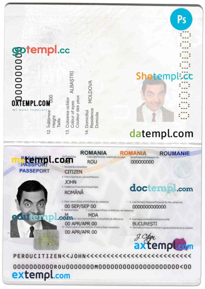 Romania passport psd files, editable scan and snapshot sample, 2 in 1 ...