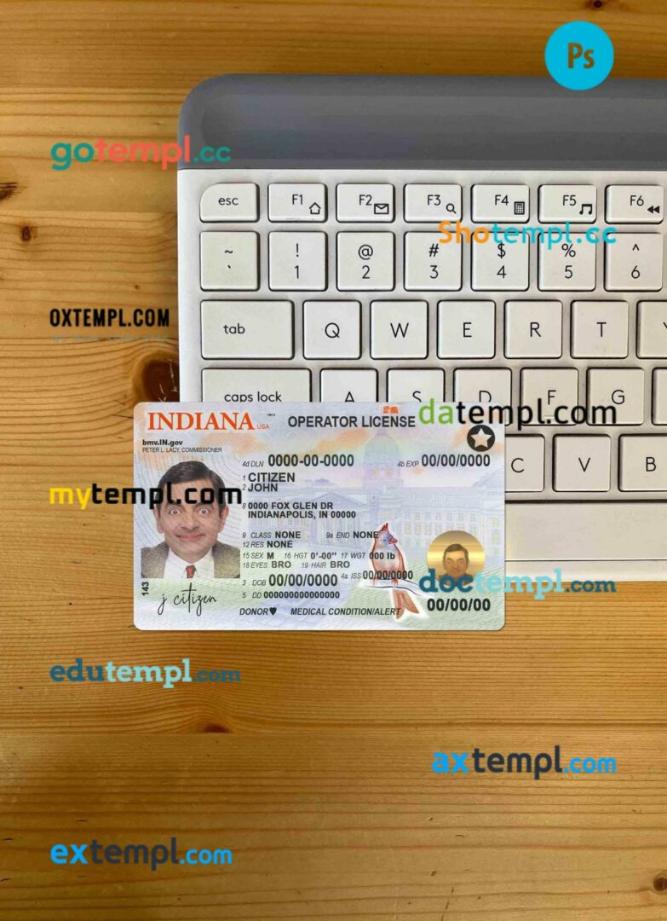 USA Indiana driving (operator) license editable PSD files, scan look ...