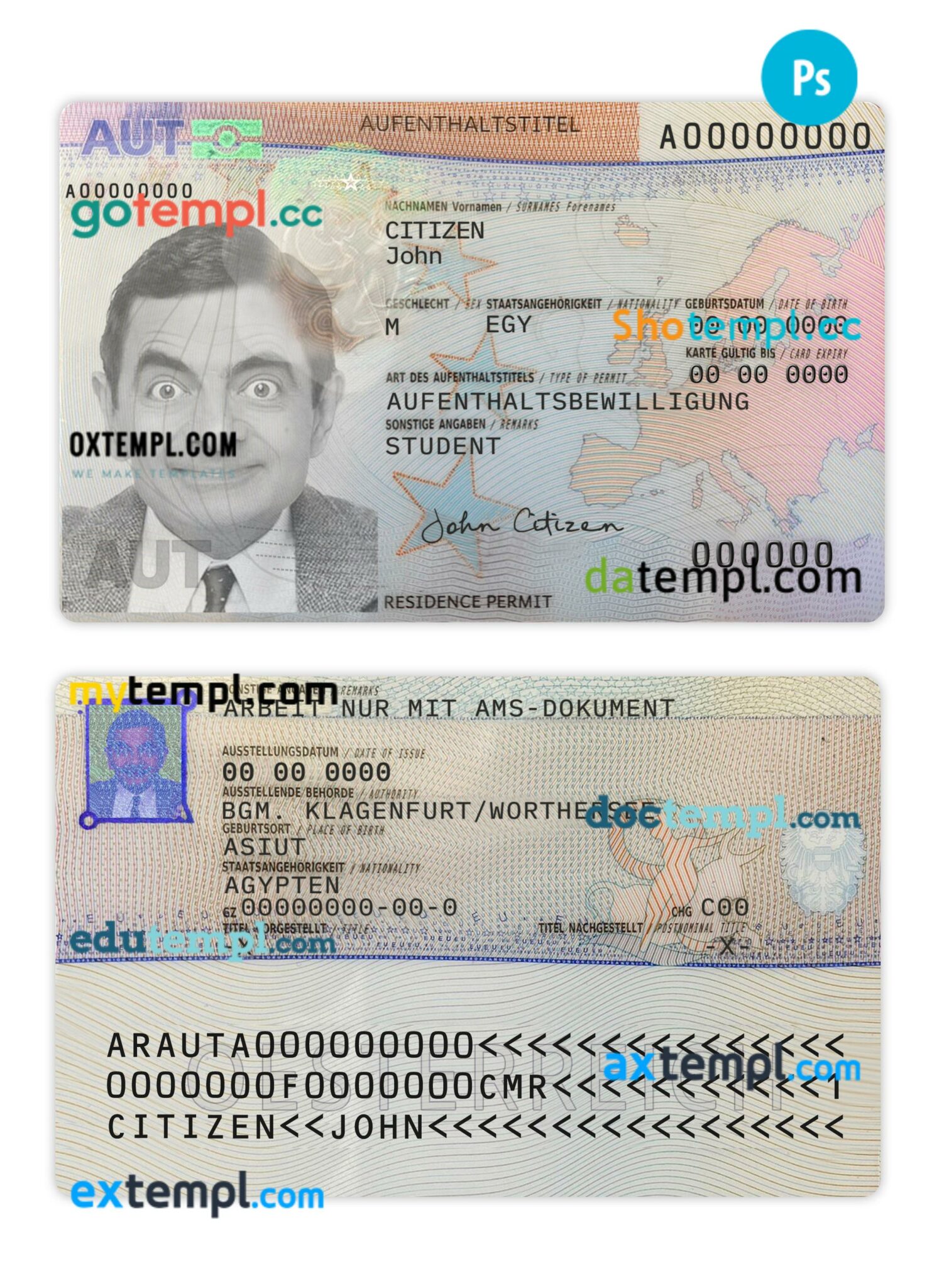 Austria residence permit PSD template, 2023 - present - Faketemplate.ru